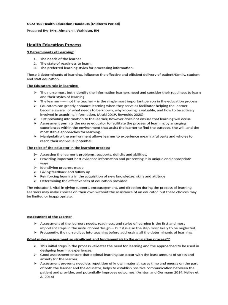 NCM 102 Health Education Handouts | PDF | Learning | Learning Styles