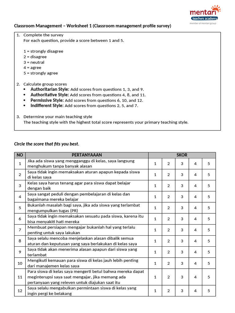 Classroom Management - Worksheet 1 Survey | PDF