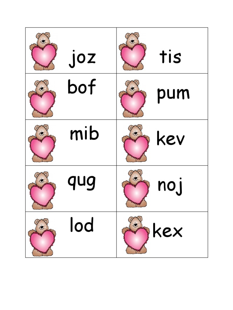Valentine Nonsense Word Flash Card Game | PDF