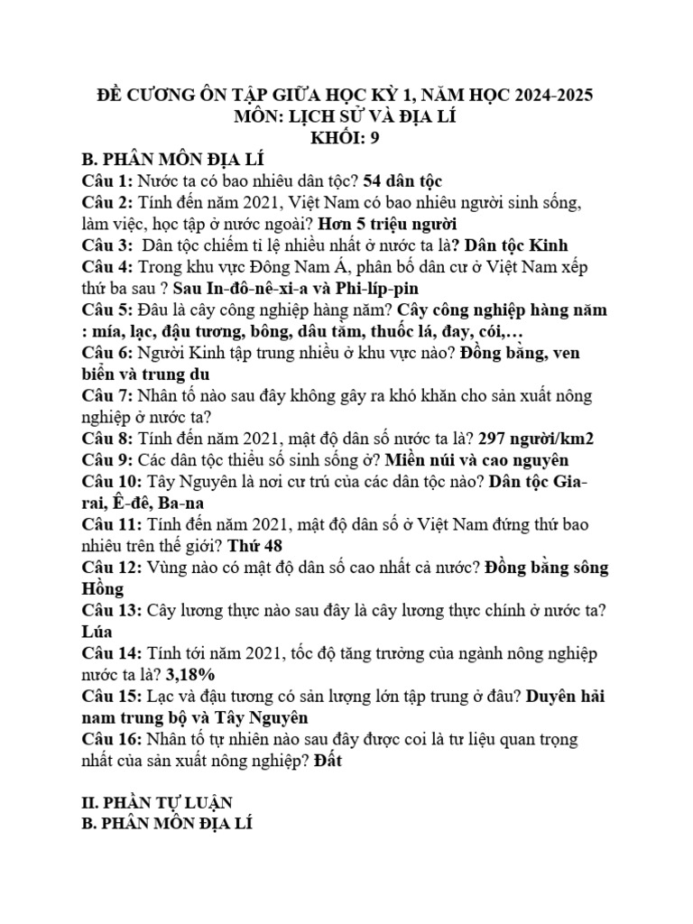 Đề Cương On Tap Gki - LSĐL 9 | PDF