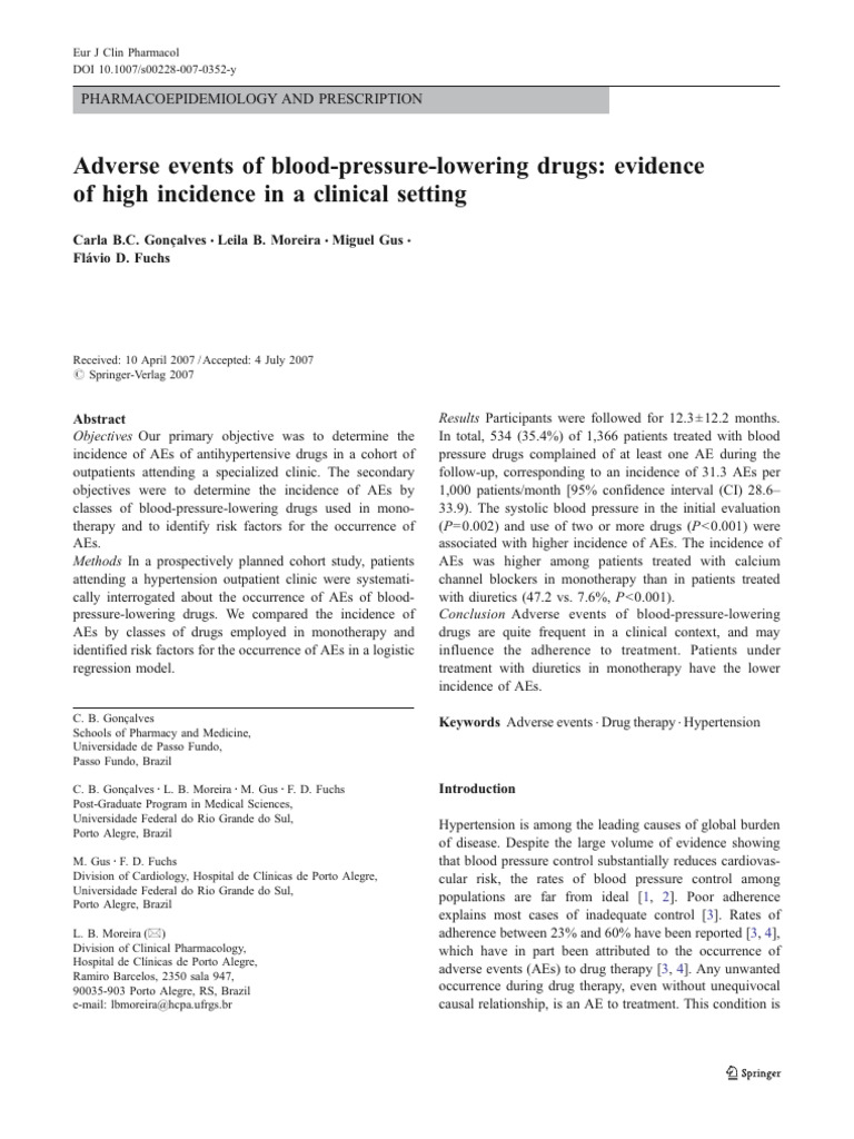 Adverse Events of Blood-Pressure-Lowering Drugs | PDF | Hypertension ...