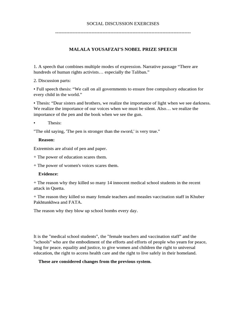 CLASS NOTES - MALALA YOUSAFZAI'S NOBEL PEACE PRIZE SPEECH | PDF