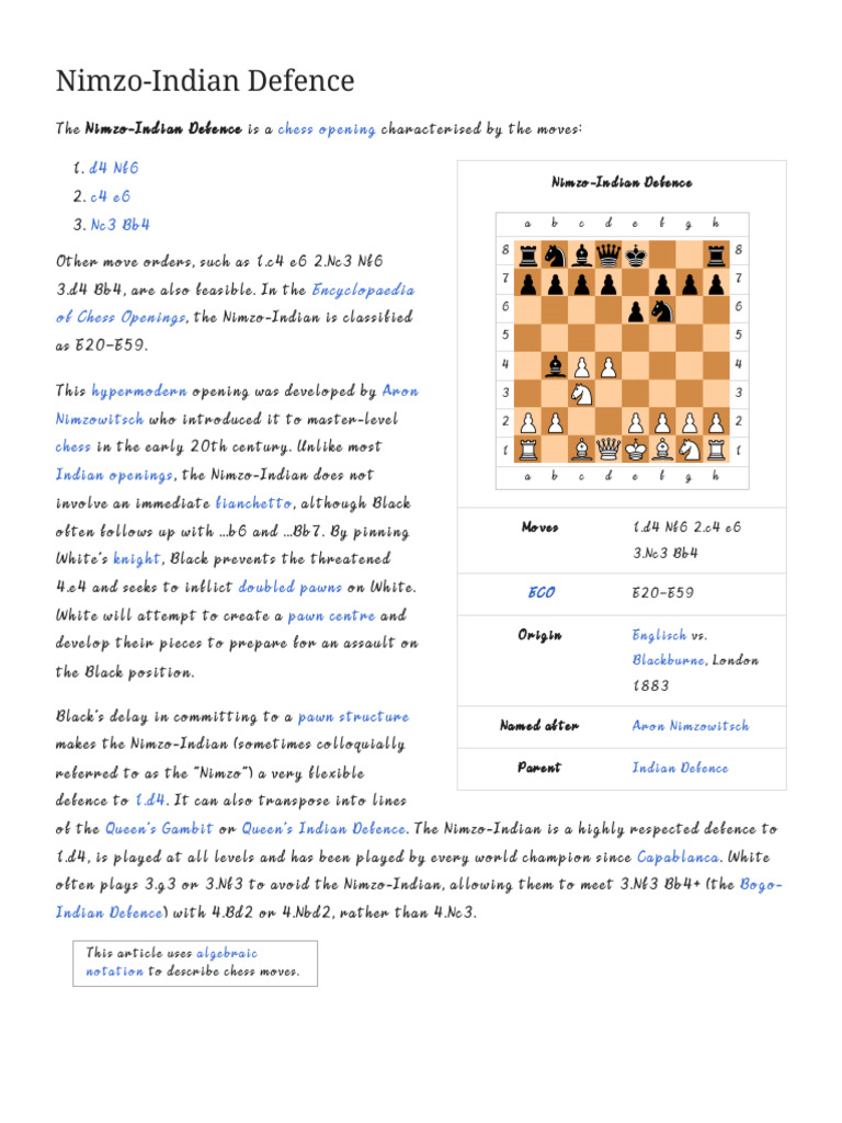 Nimzo-Indian Defence - Wikipedia | PDF | Chess | Chess Theory