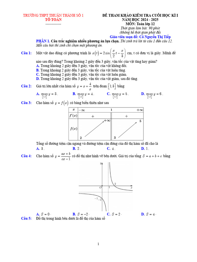 De Tham Khao Cuoi Ki 1 Toan 12 Nam 2024 2025 Truong THPT Thuan Thanh 1 Bac Ninh | PDF