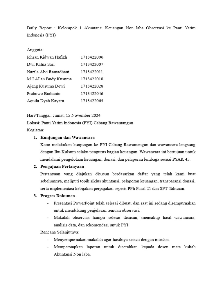 Daily Report _ Kelompok 1 Akuntansi Keuangan Non laba Observasi ke Panti Yatim Indonesia (PYI) | PDF