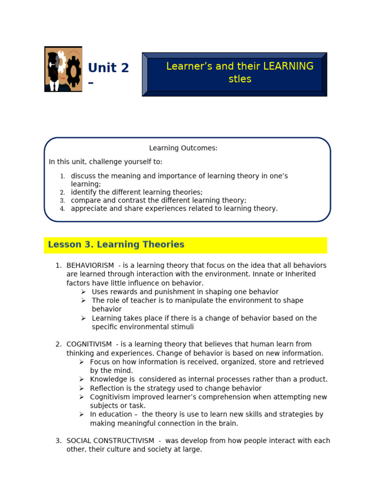 Unit-2-.-Learning-Theories | PDF | Learning | Learning Theory (Education)