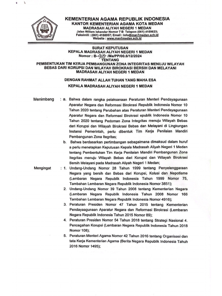 SK Zona Integritas Tahun 2024 | PDF