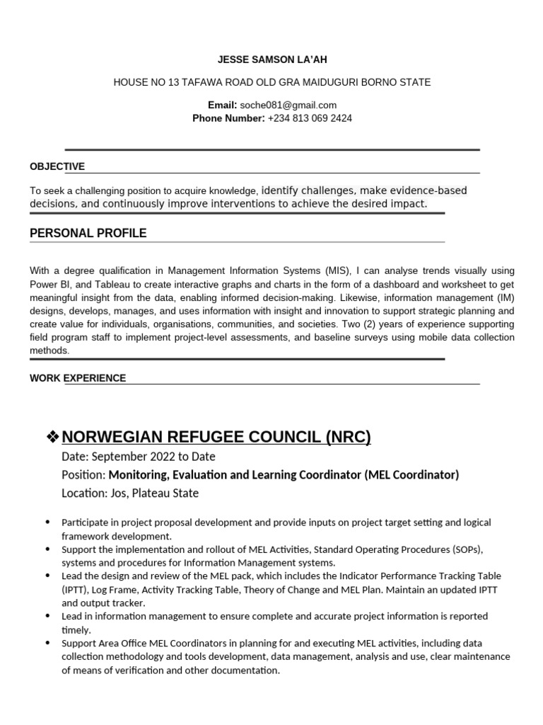 OCHE IDENYI SUNDAY CV MEL Coordinator | PDF | Evaluation | Monitoring And Evaluation