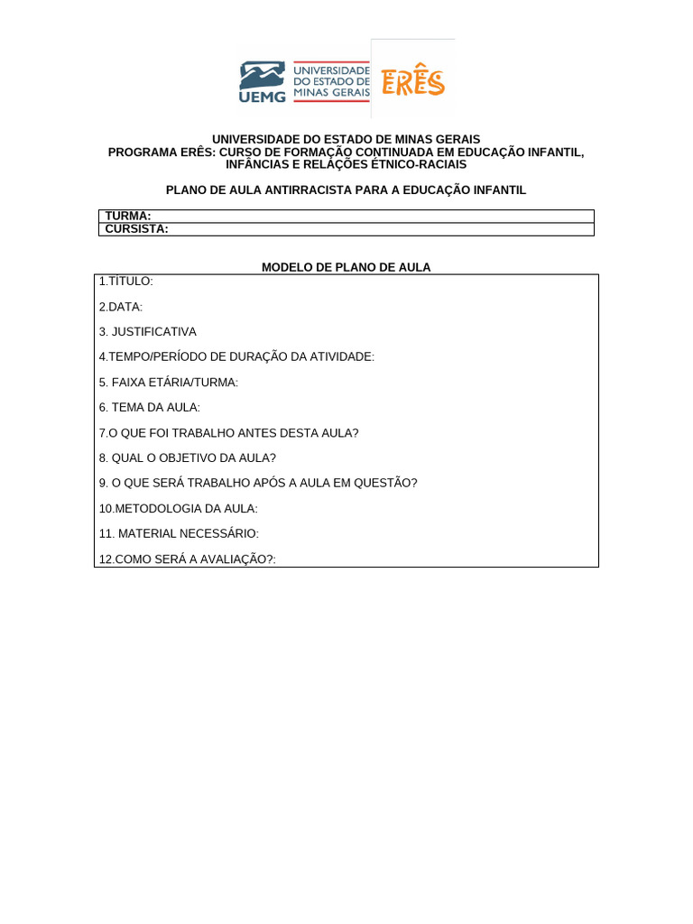Plano de aula. Programa Erês 2024 | PDF