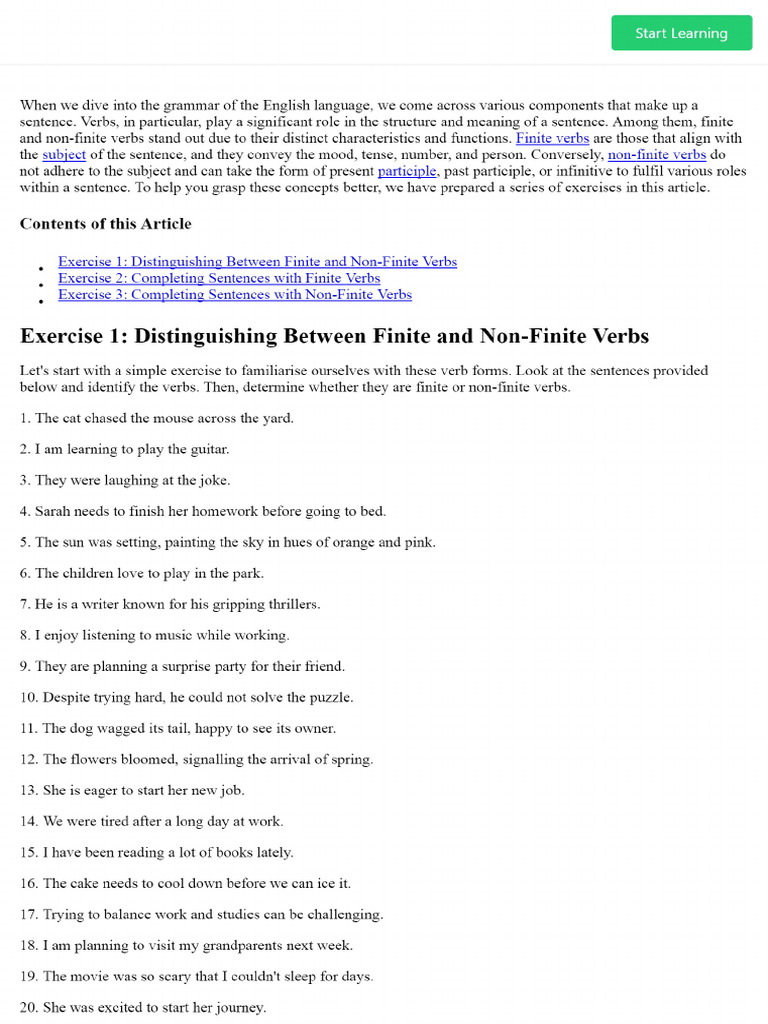 Finite and Non-finite Verbs Exercises with Answers - Testbook | PDF