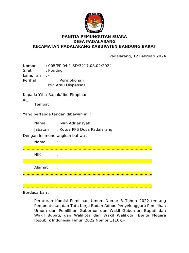 005 - Pps Desa Padalarang Surat Dispensasi | PDF