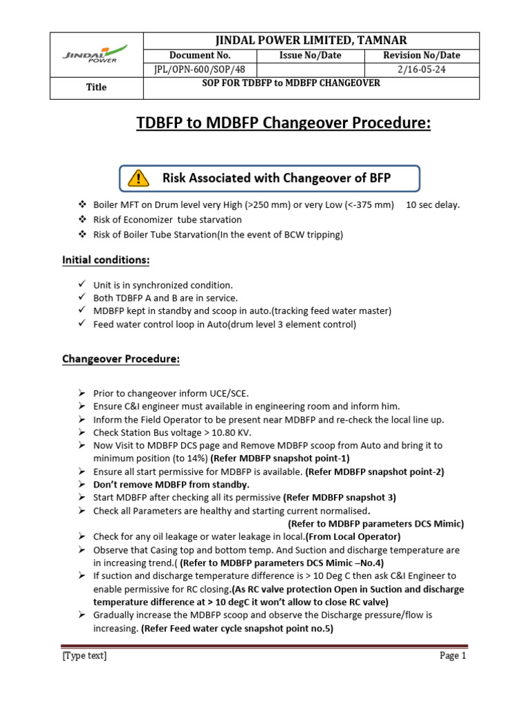 TDBFP To MDBFP Changeover | PDF | Mechanical Engineering | Gas Technologies