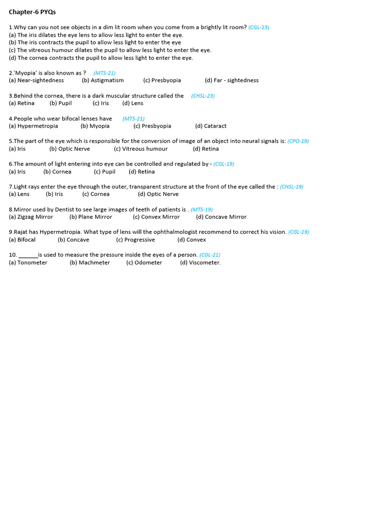 Chapter-6 PYQs Human Eye | PDF