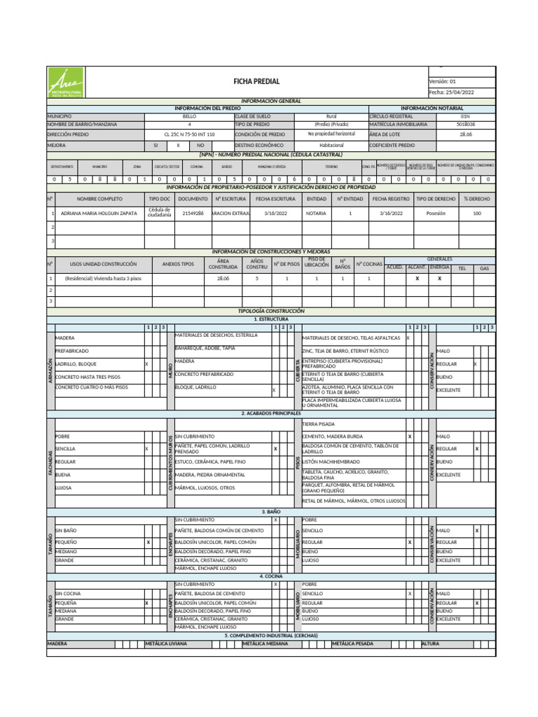 088 2024 Ficha Predial | PDF | Loseta | Ingeniería de Edificación