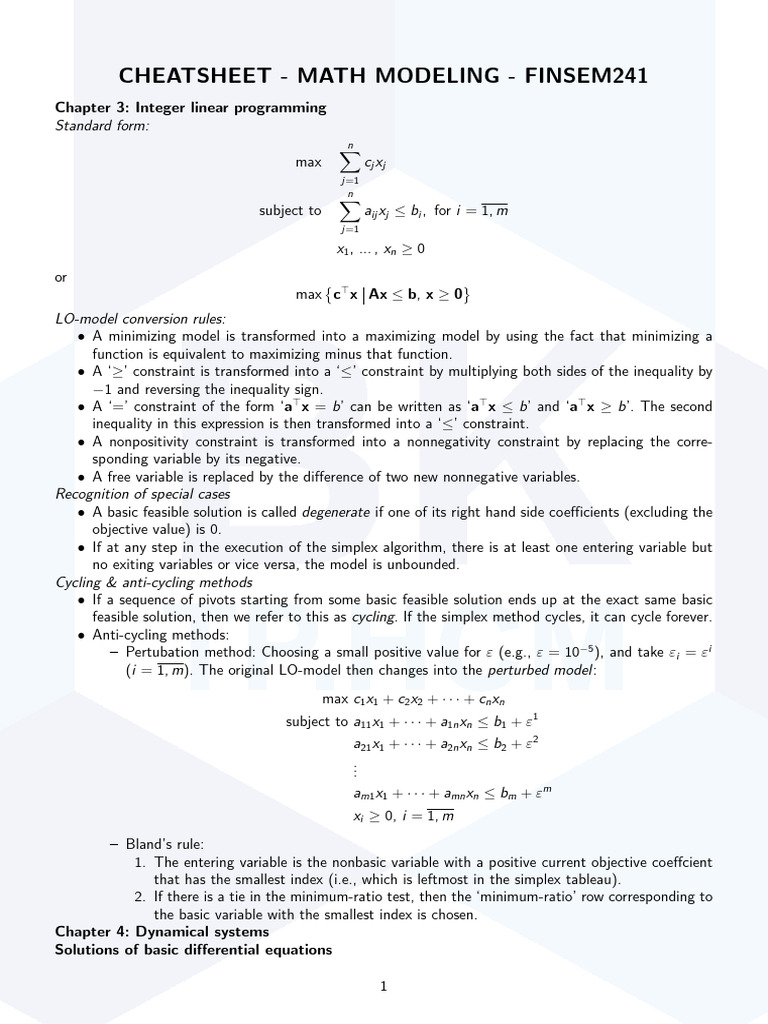 Math Modeling Cheatsheet: ILP & Dynamics | PDF | Algorithms And Data ...