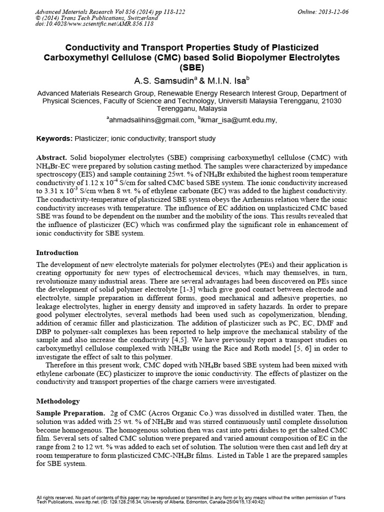 Conductivity Study of Plasticized CMC Electrolytes | PDF | Electrical ...