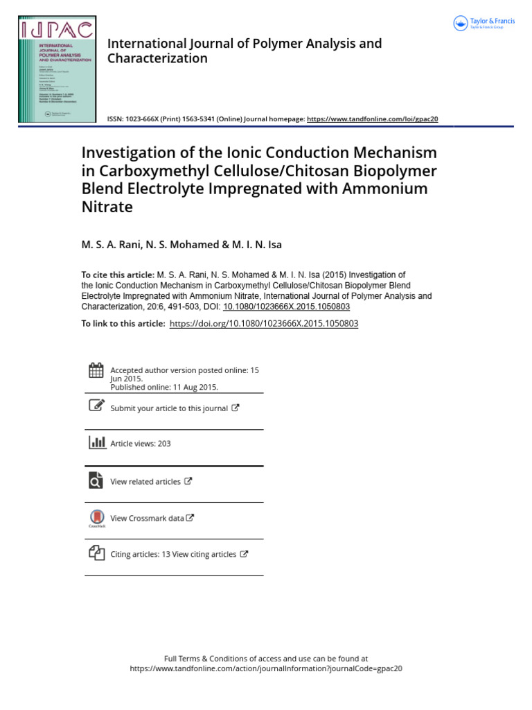 Investigation of The Ionic Conduction Mechanism in Carboxymethyl Cellulose Chitosan Biopolymer ...