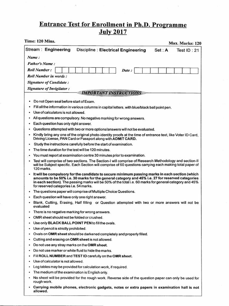 PHD Test Question Paper 2017 Electrical Engineering | PDF | Inductor ...