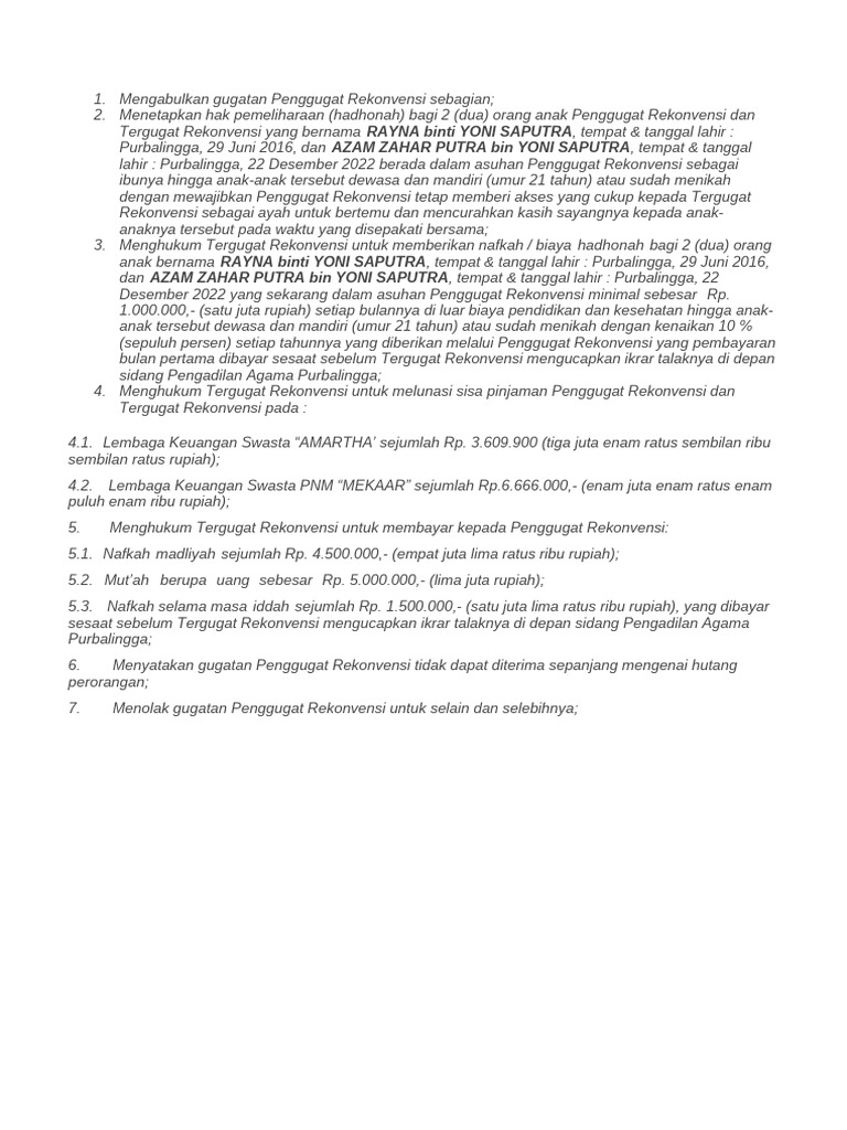 Mengabulkan Gugatan Penggugat Rekonvensi Sebagian | PDF