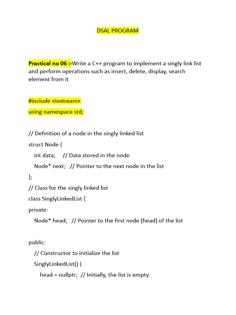 Practicals 6 Linked List Opration.docx | PDF | Pointer (Computer Programming) | Programming ...