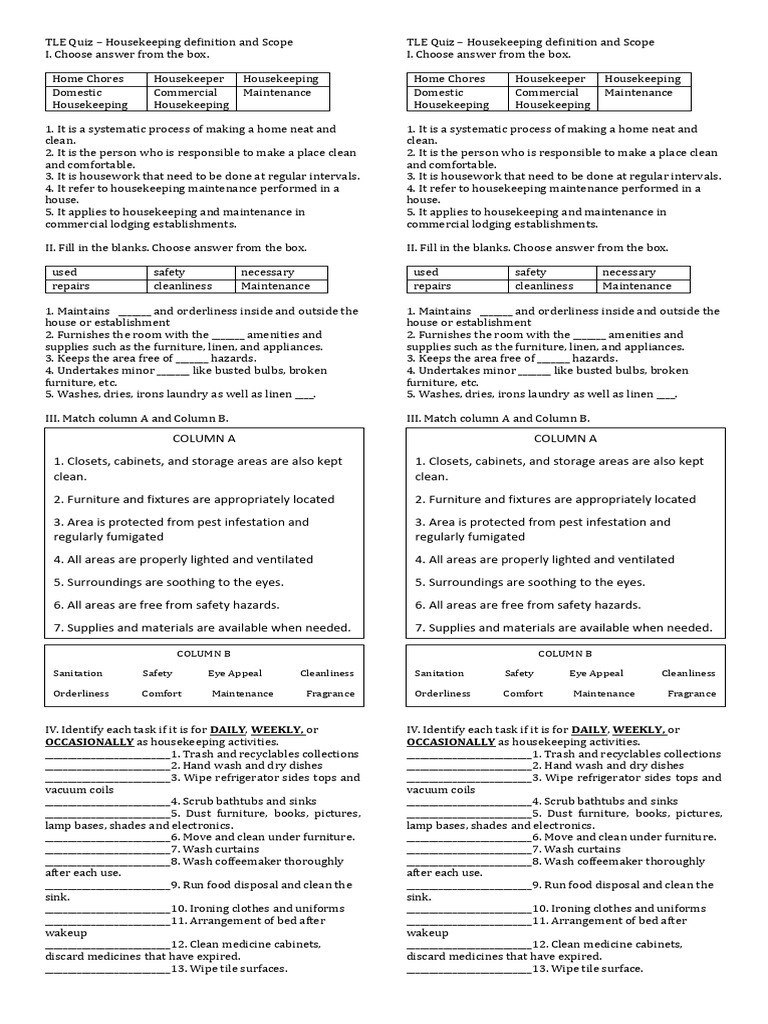 TLE Quiz - Housekeeping Scope and Definition | PDF | Housekeeping | Hygiene
