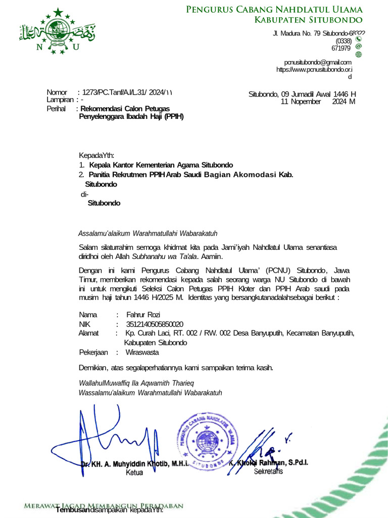 Surat Rekomendasi Petugas PPIH (Fahrur Rozi) | PDF