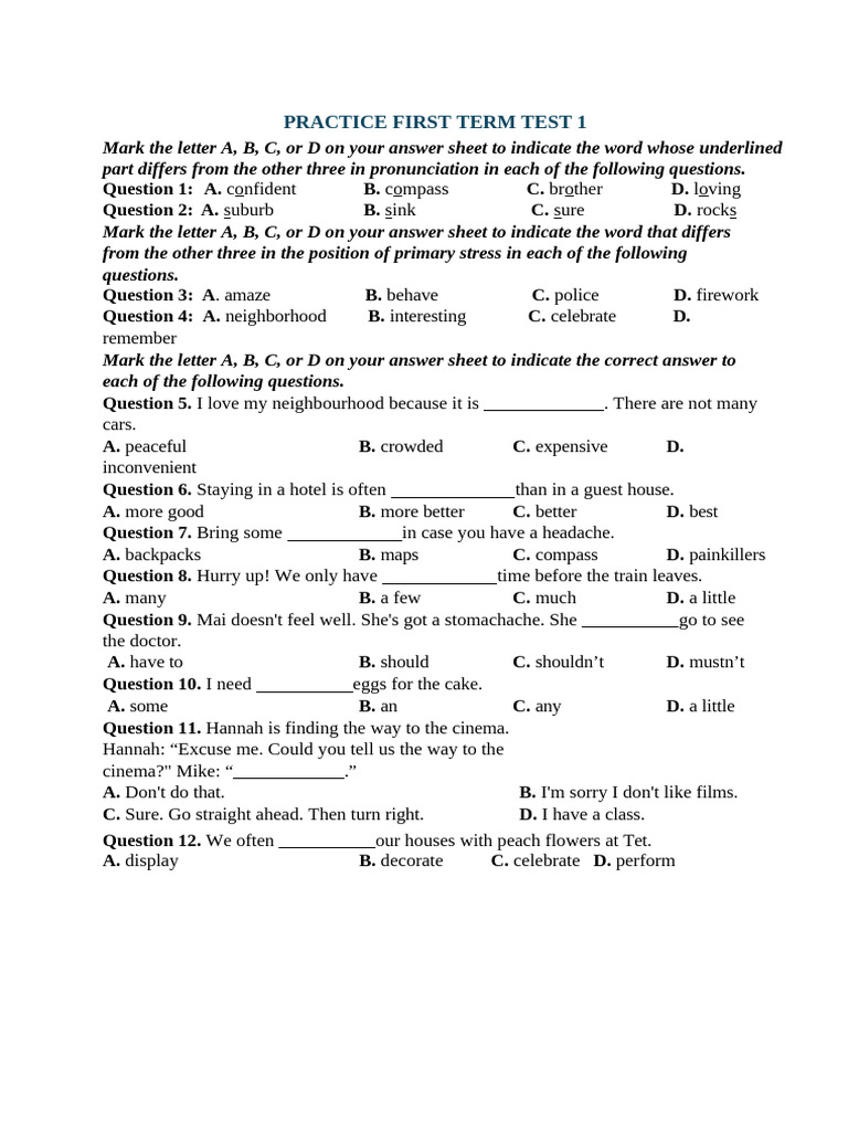 First Term Test Practice Questions | PDF