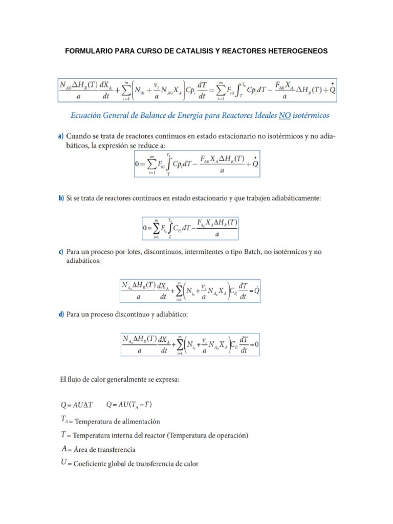 Formulario para Curso de Catalisis y Reactores Heterogeneos | PDF