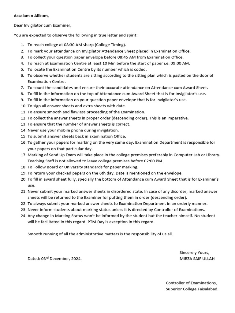 Invigilator Cum Examiner's SoPs Send-Up Examination 2024 | PDF