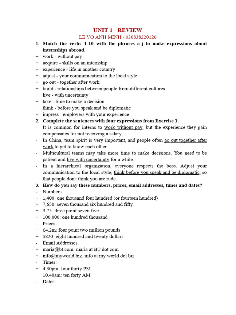 Unit 1 - Review | PDF | Internship | Job Hunting