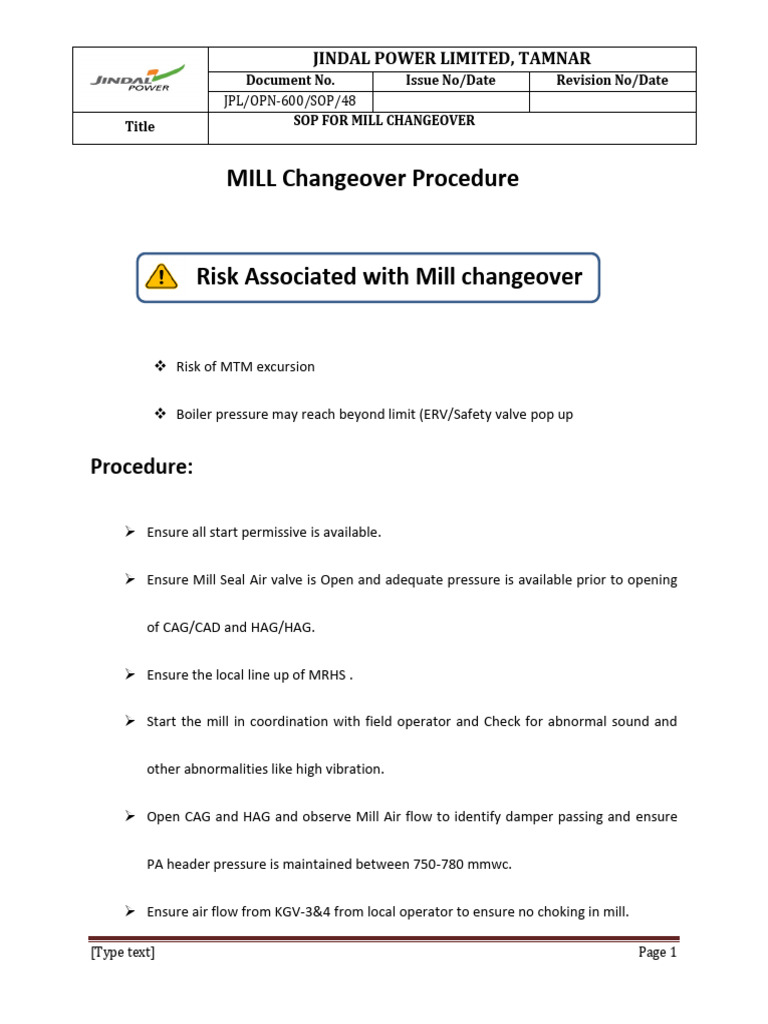 Mill change over SOP | PDF | Home Appliance | Chemical Engineering
