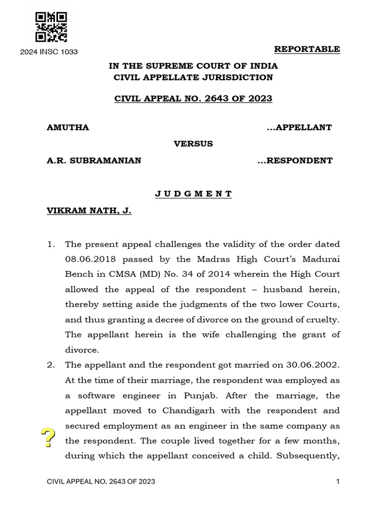 Amutha V Ar Subramanian 577770 | PDF | Appeal | Divorce