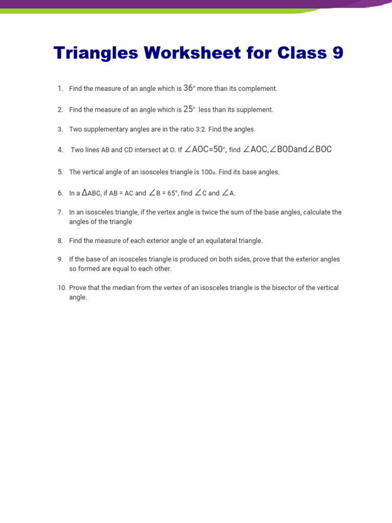 Triangles Worksheet For Class 9 Pdf