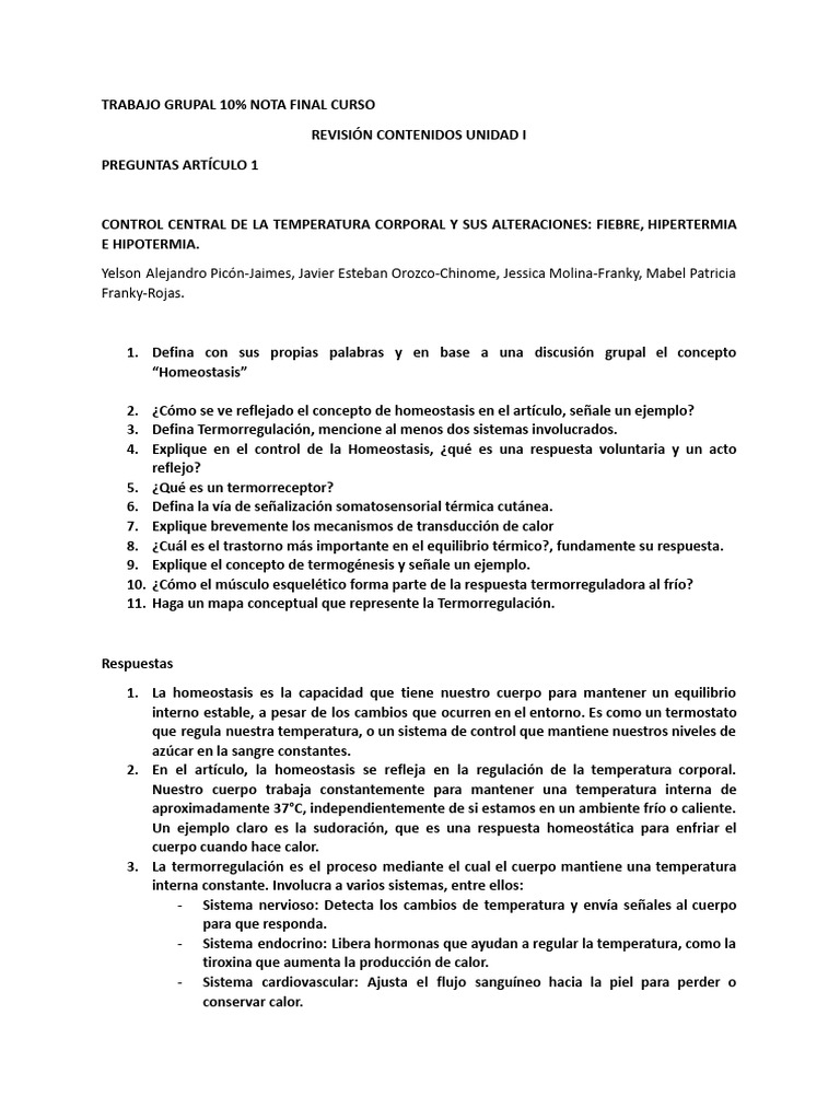 Preguntas Articulo | PDF | Termorregulación | Homeostasis