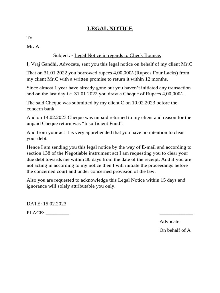 Legal Notice for Check Bounce Debt | PDF