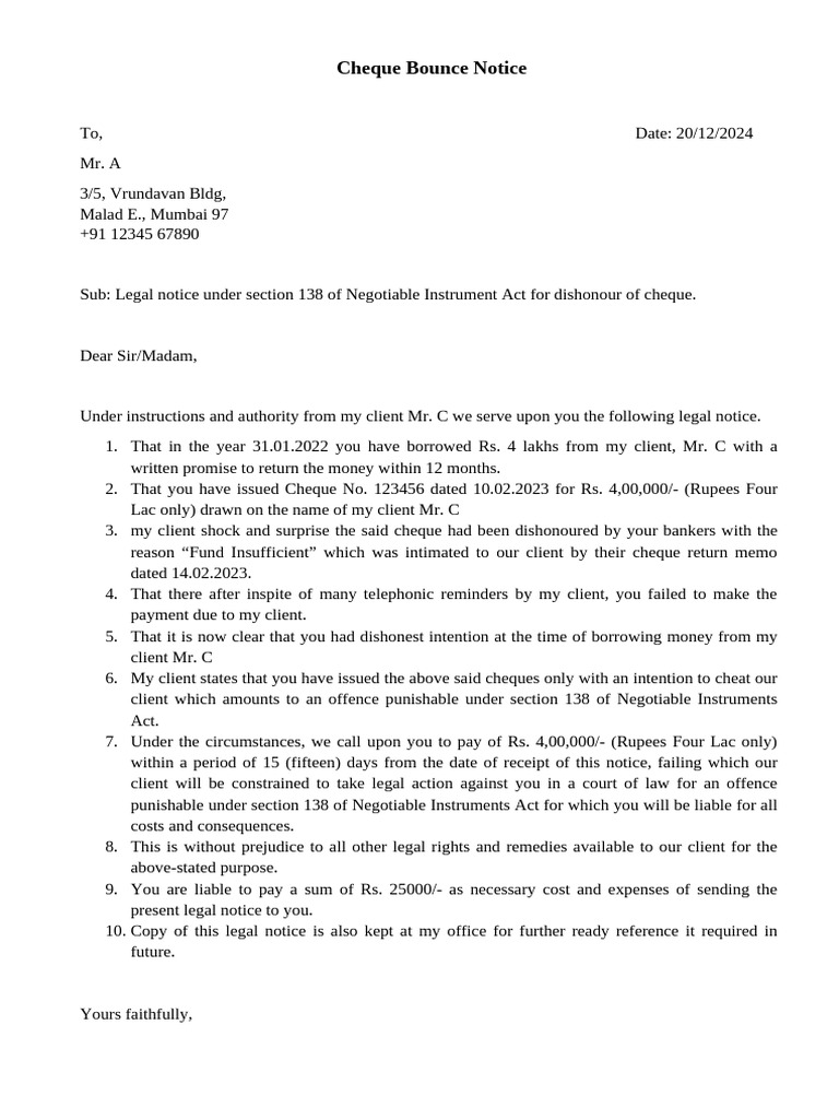 Cheque Bounce Notice - 138 Sec | PDF