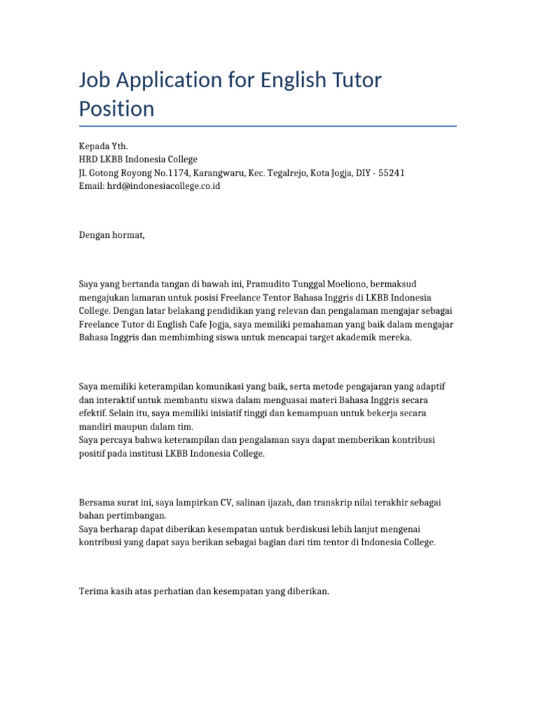 Job Application English Tutor PR Indonesia College | PDF