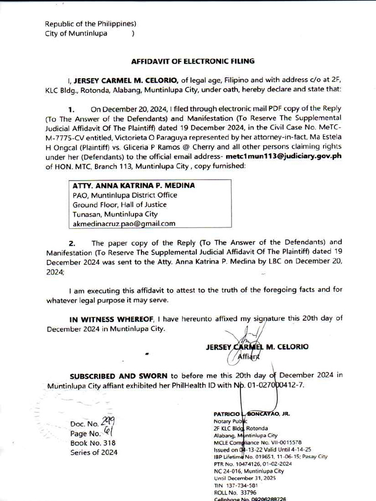 Affidavit of Electronic Filing-Reply (To The Answer of the Defendants ...