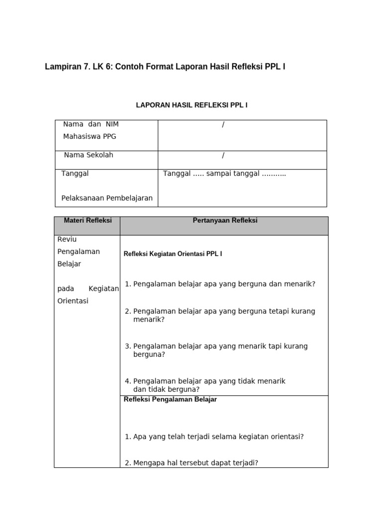 Lampiran 7. LK 6 Contoh Format Laporan Hasil Refleksi PPL I | PDF