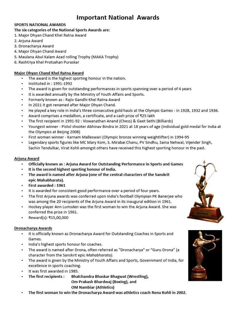 Important National Awards | PDF | Awards