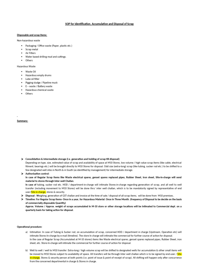 SOP For Identification Accumulation and Disposal of Scrap | PDF | Waste ...