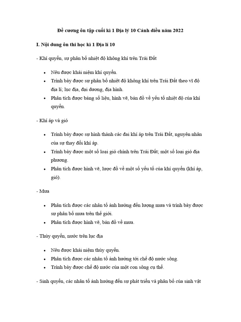 De Cuong On Tap Hoc Ki 1 Mon Dia Li 10 Sach Canh Dieu | PDF