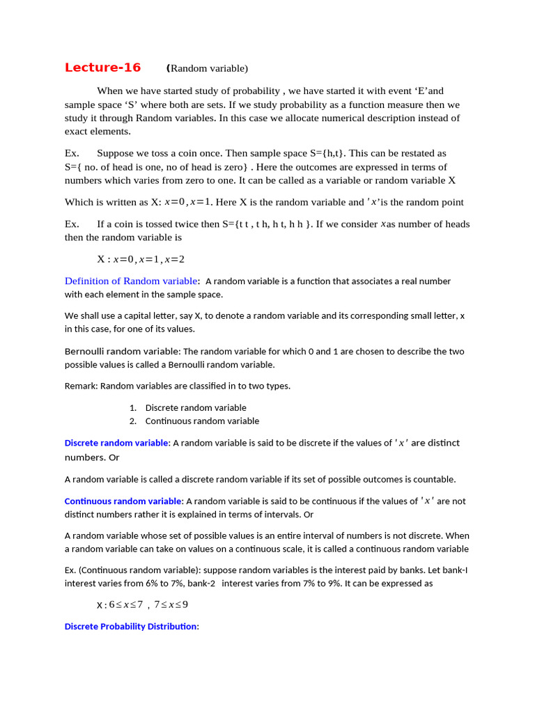 Lecture 16 Random Variable | PDF | Random Variable | Probability Distribution