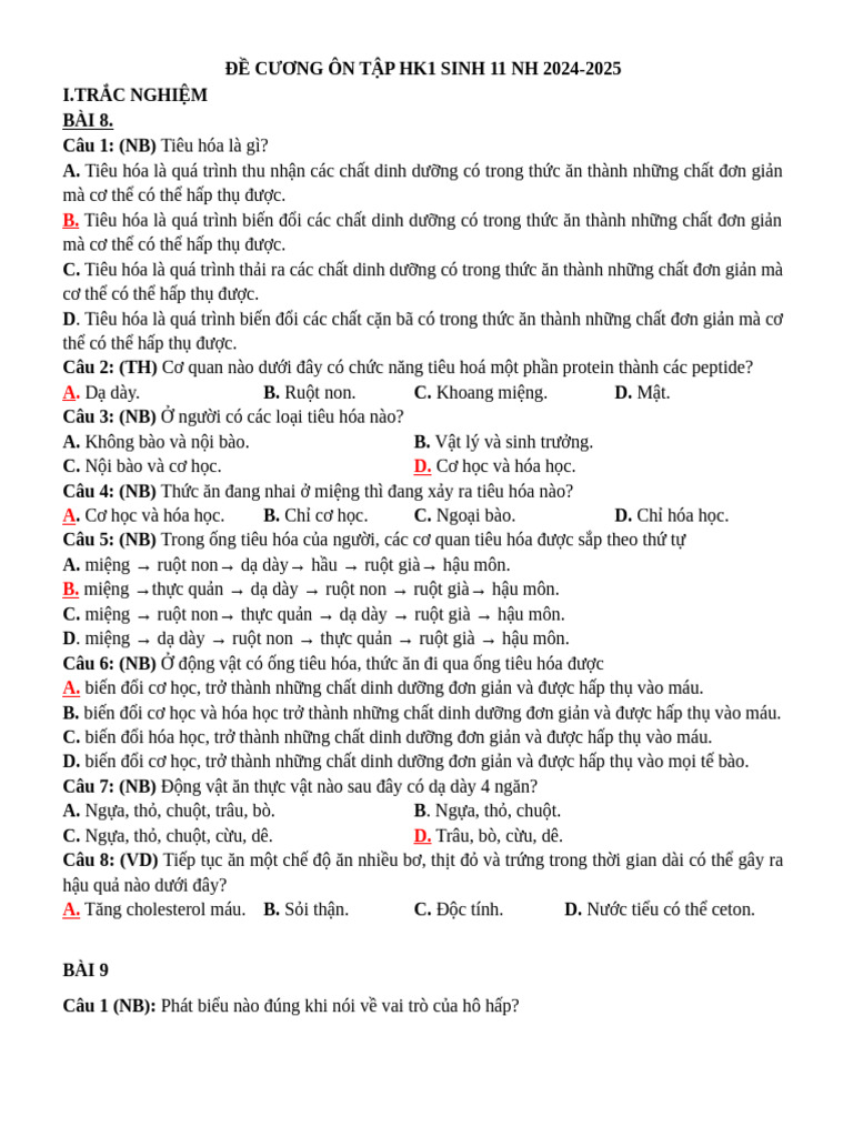 Decuong HK1 Sinh 11 CT 2024-2025 | PDF