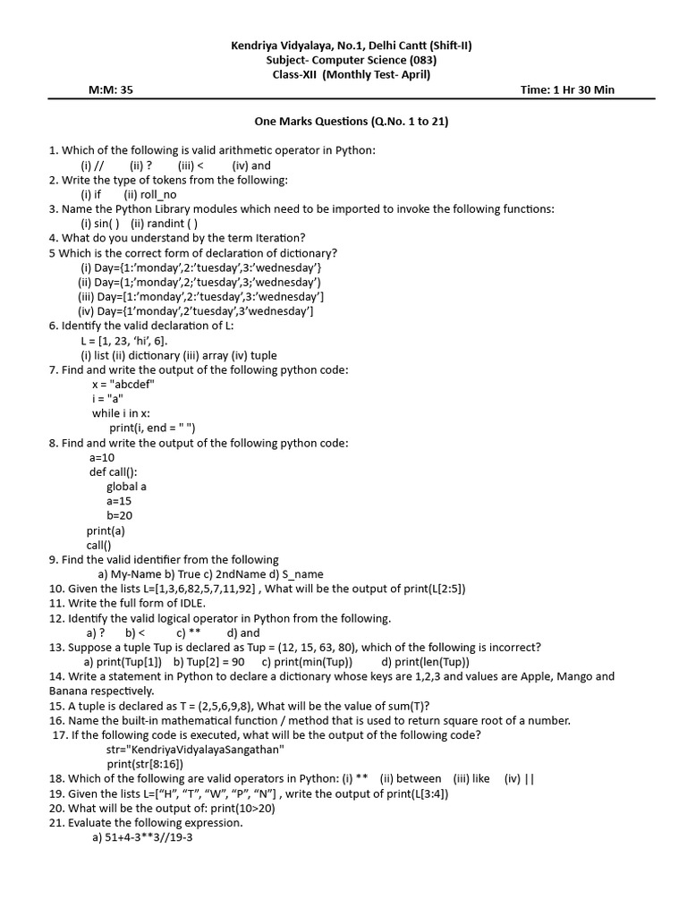 Xii Monthly Test Cs Pdf Python Programming Language Scope Computer Science