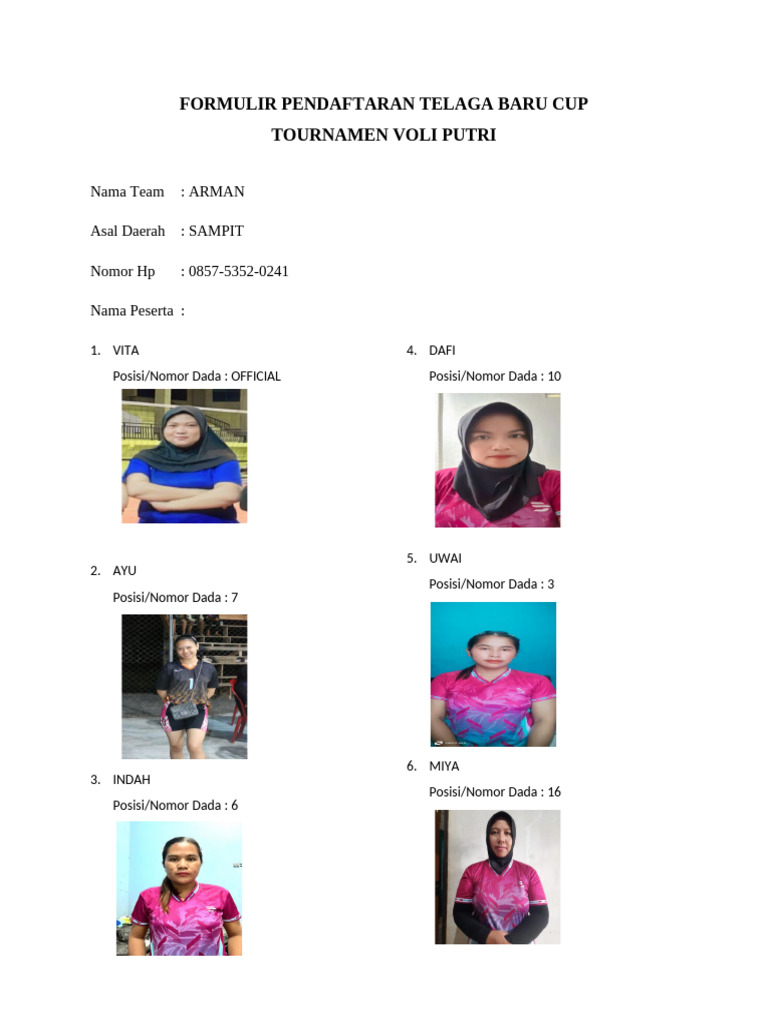 Pendaftaran Tim Voli Putri Telaga Baru | PDF