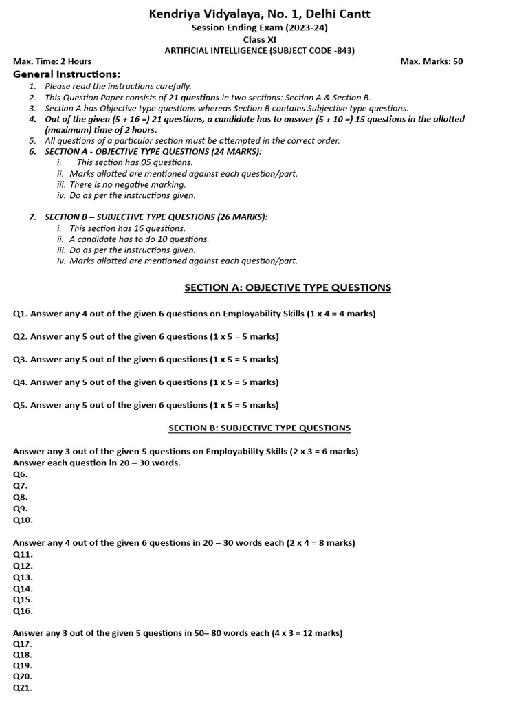 Class XI AI Exam Paper | PDF