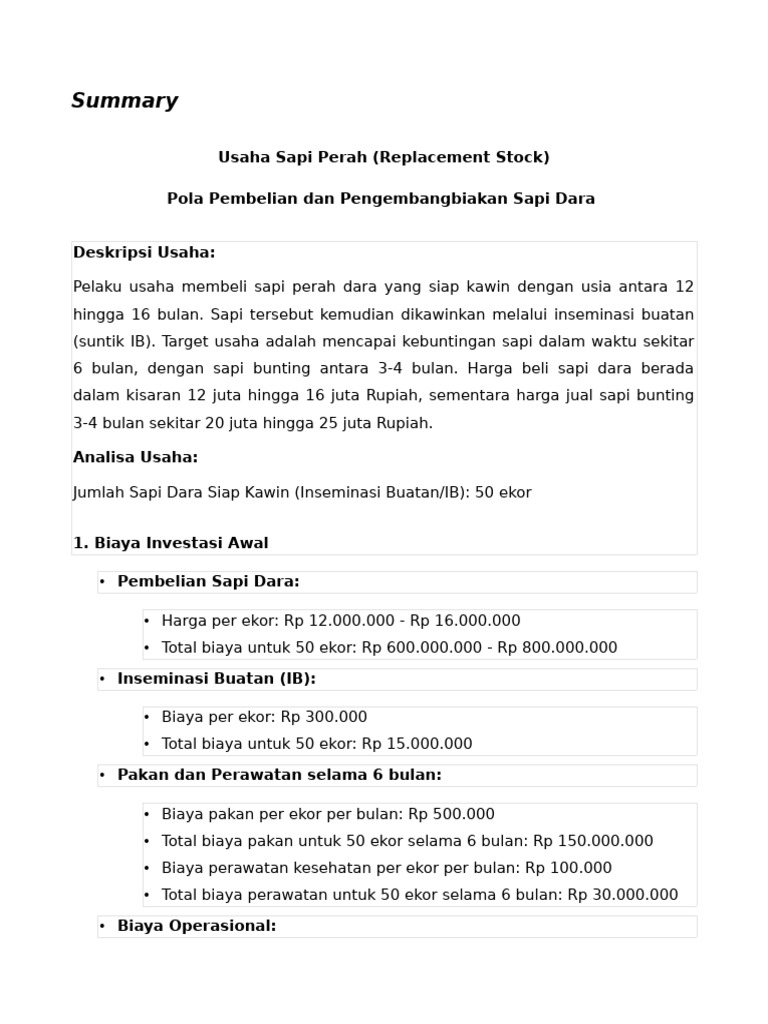 Summary Usaha Sapi Perah Replacement Stock | PDF