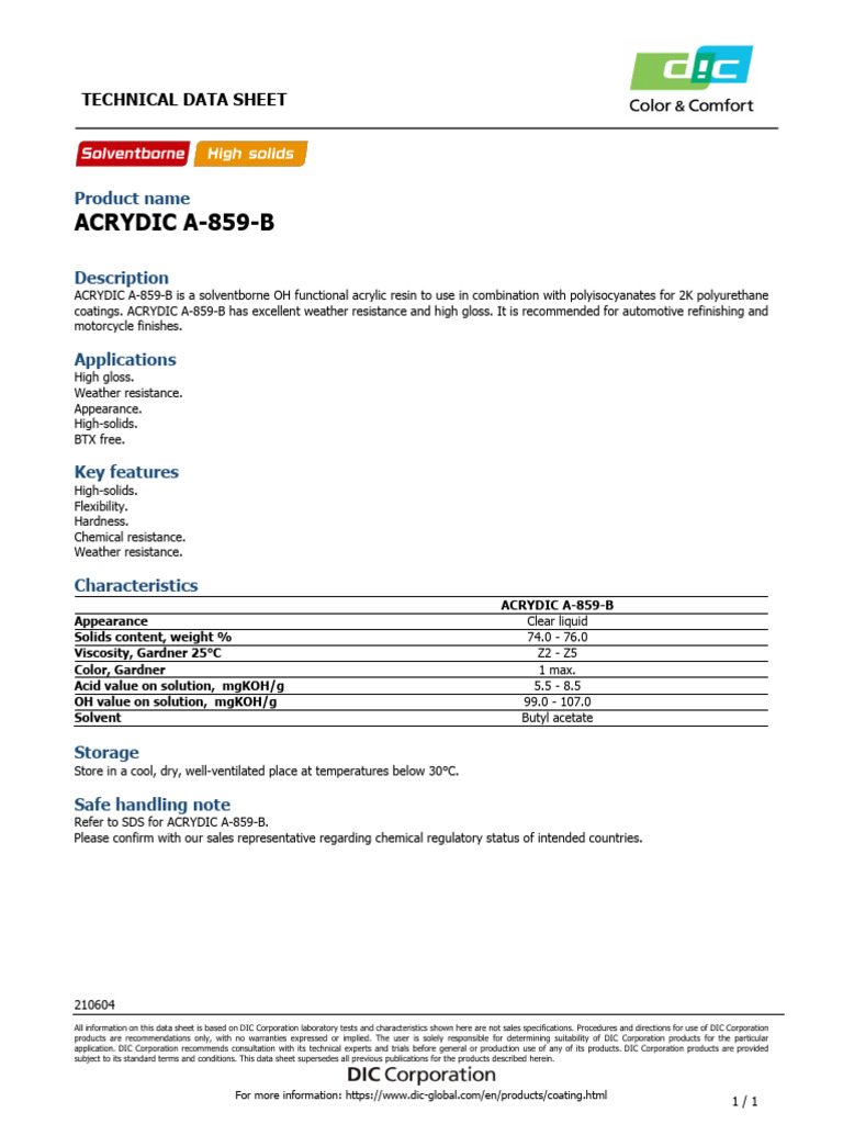 Acrydic A-859-B TDS Basic en | PDF | Materials