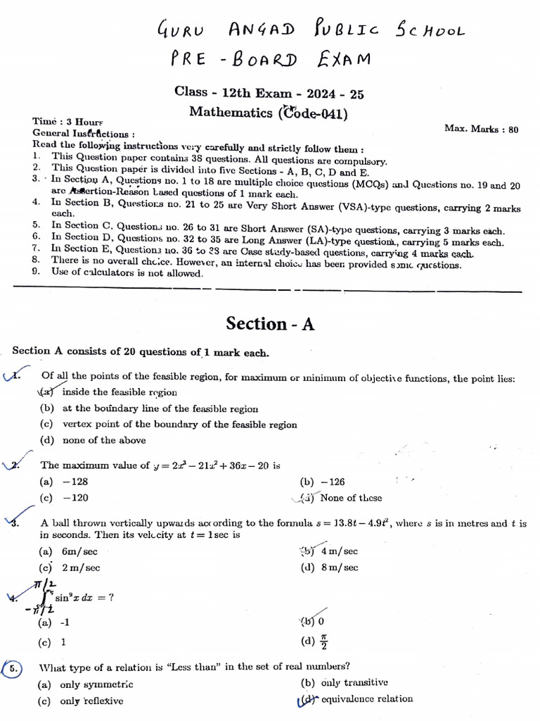 Class 12 Mathematics Exam Instructions | PDF | Elementary Geometry